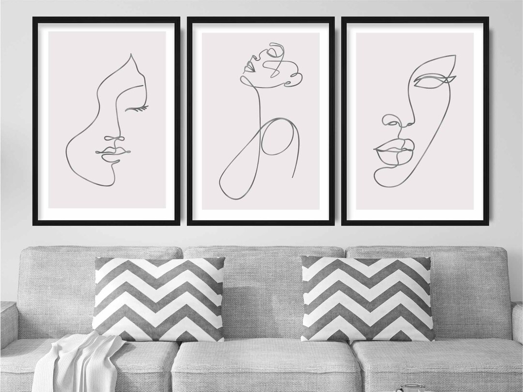Set of 3 Prints Silver Effect Line Art Female Faces Grey - Etsy
