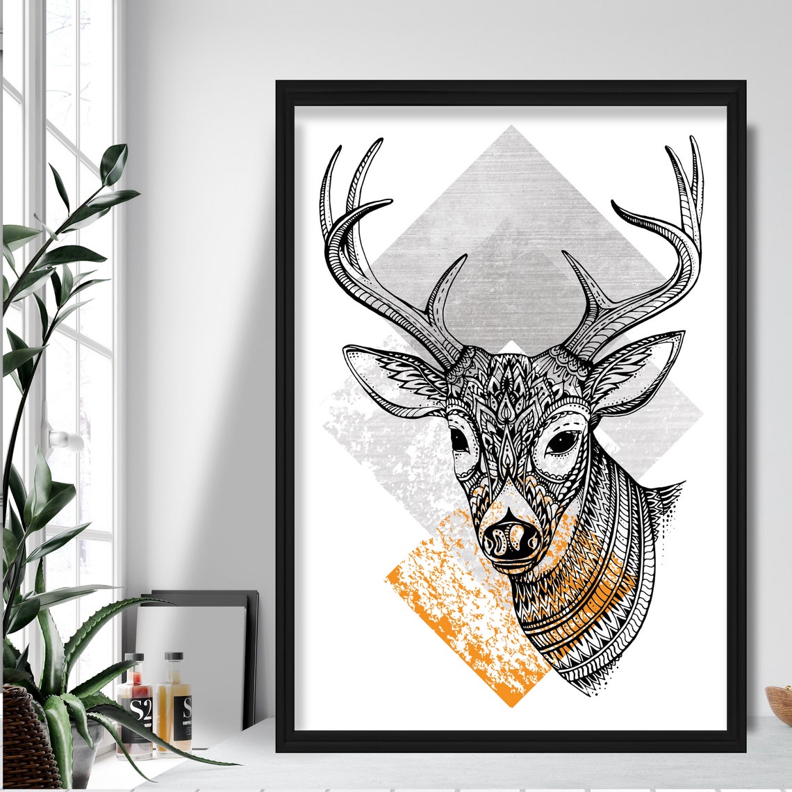 Tribal Geometric Stag Head Side Art Print Yellow Grey Aztec - Etsy