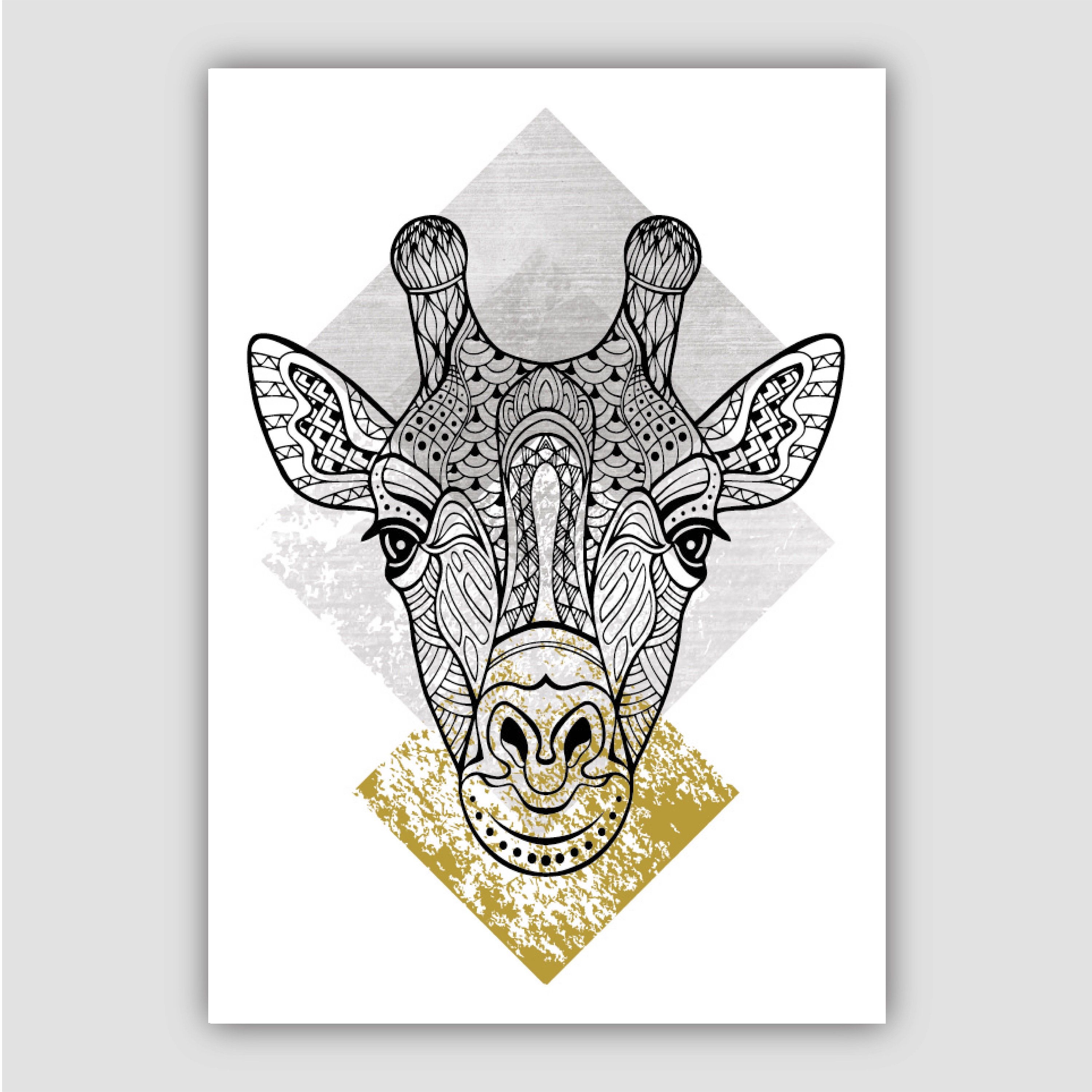 Set of 3 Prints Tribal Geometric Giraffe Side Head Tree Art - Etsy