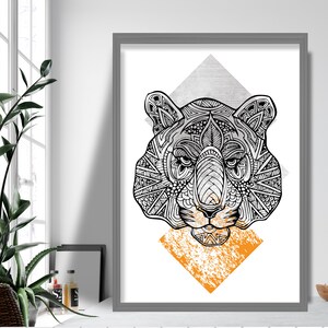 Tribal Geometric Tiger Head Art Print Yellow Grey Aztec Gallery Wall ...