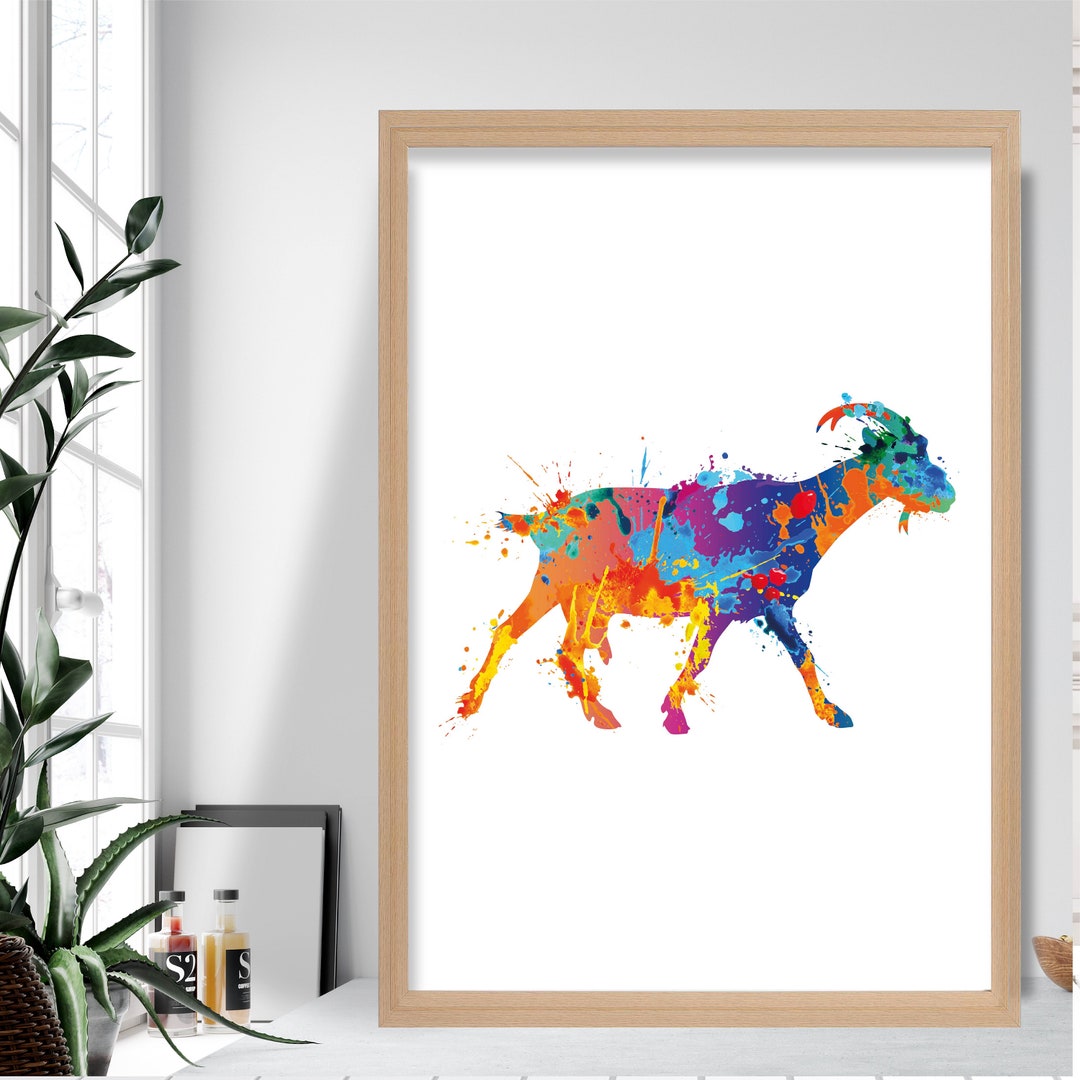 Watercolour Paint Splash Goat Art Print Bright Multicolour Wildlife ...