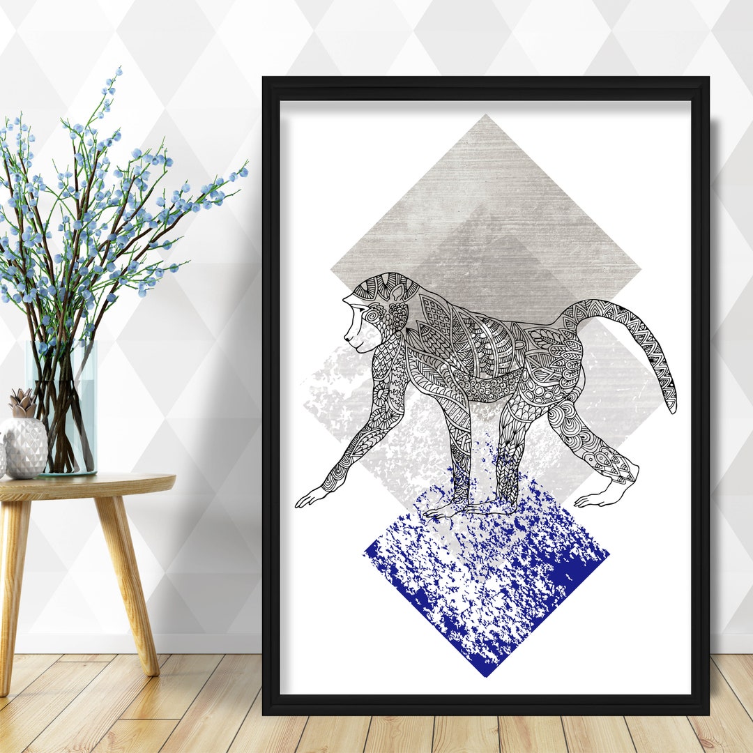 Tribal Geometric MONKEY Full Art Print Yellow Grey Aztec Gallery Wall ...
