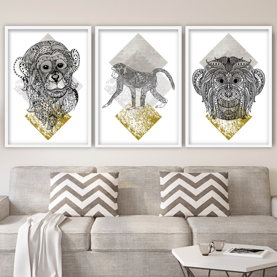 Set of 3 Prints Tribal Geometric Monkey Head Side Art Print - Etsy