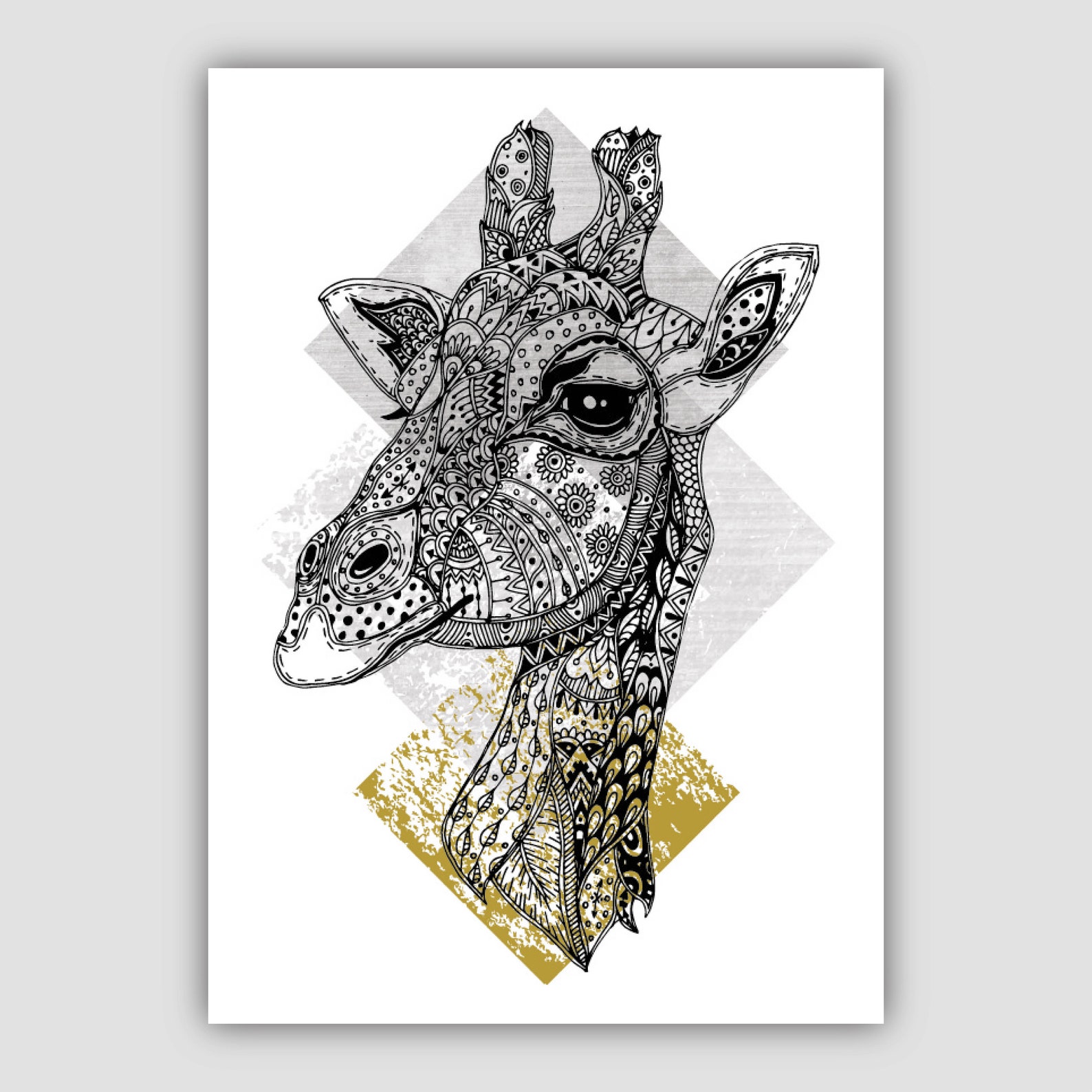 Set of 3 Prints Tribal Geometric Giraffe Side Head Tree Art | Etsy