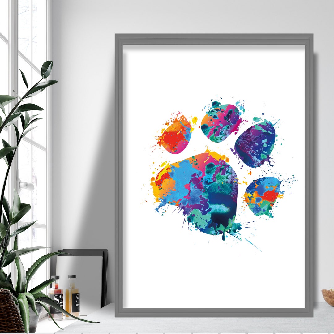 Watercolour PAINT SPLASH Dog Paw Print Art Print Bright Multicolour Pet ...