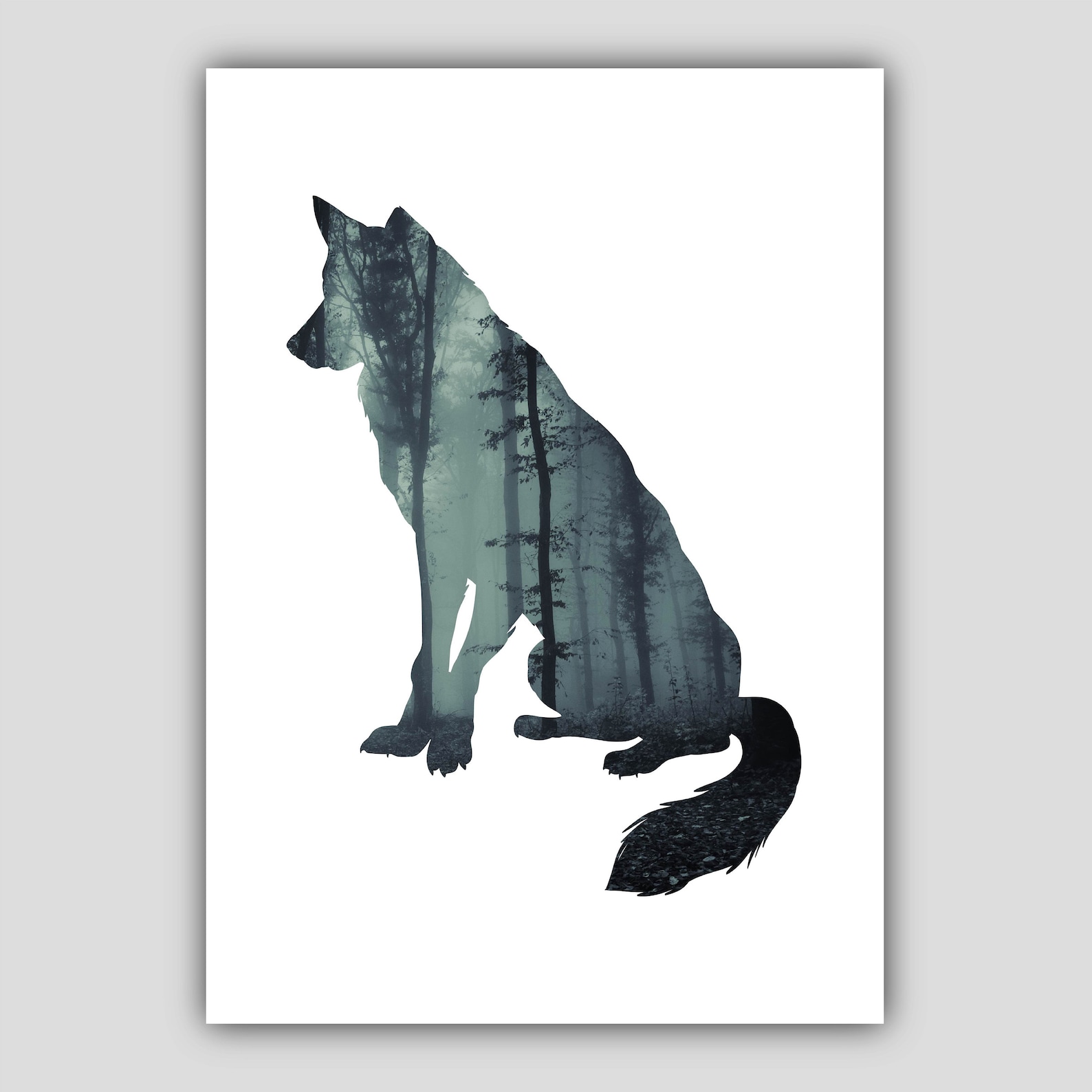 Forest Fog Wolf Sitting Woodland Art Print Nordic Wildlife - Etsy