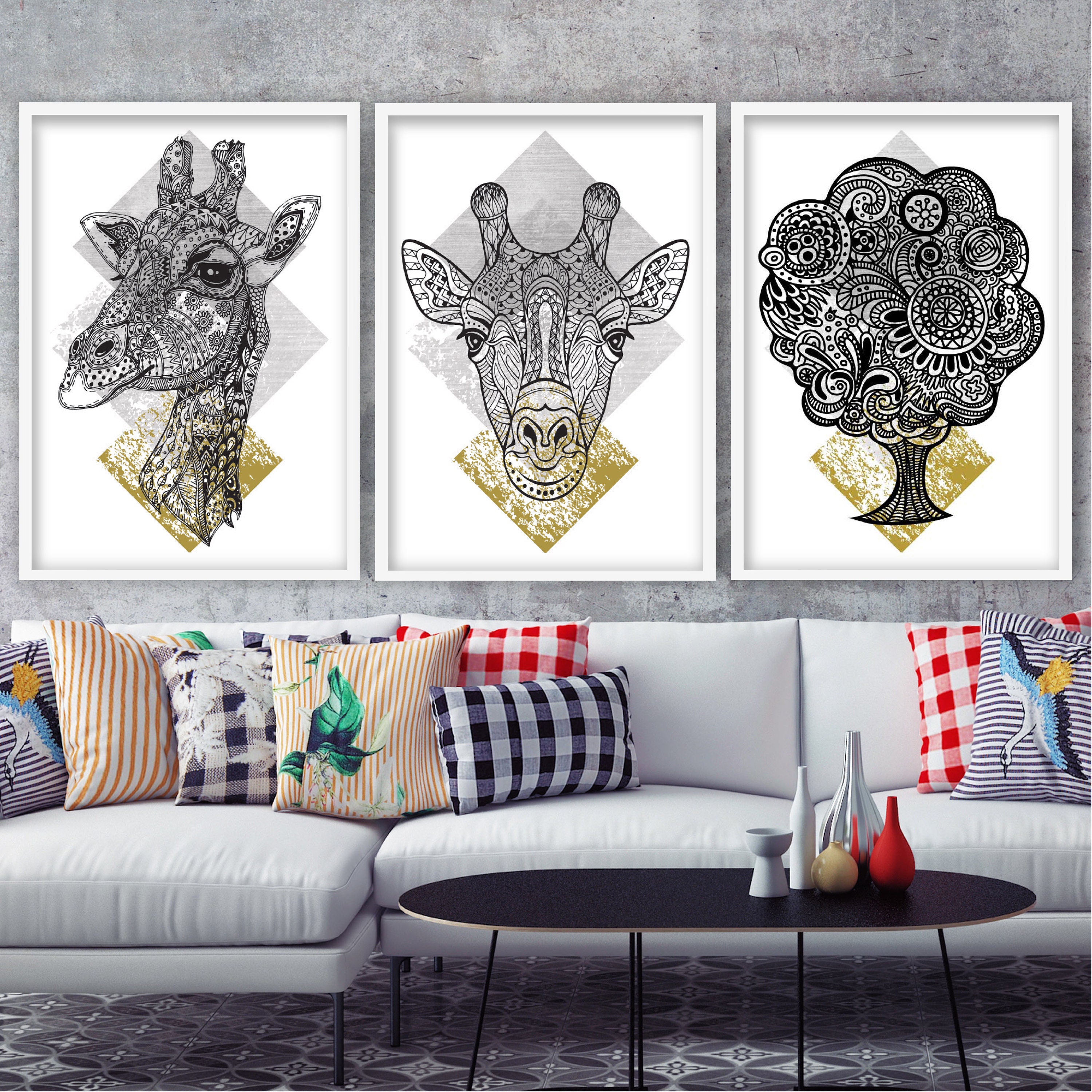 Set of 3 Prints Tribal Geometric Giraffe Side Head Tree Art | Etsy