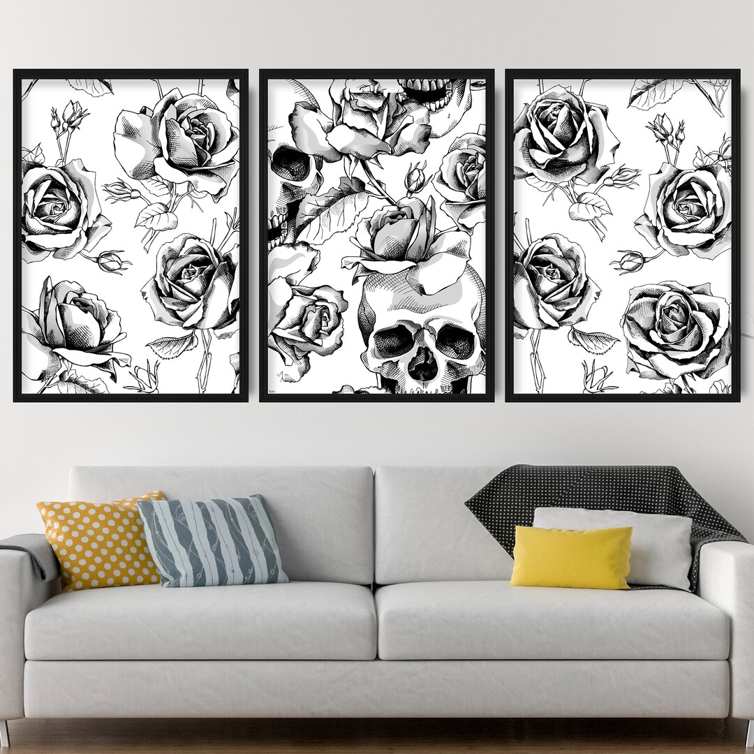 Abstract Skulls and Roses Flower Set of 3 Prints Black & Grey Floral ...