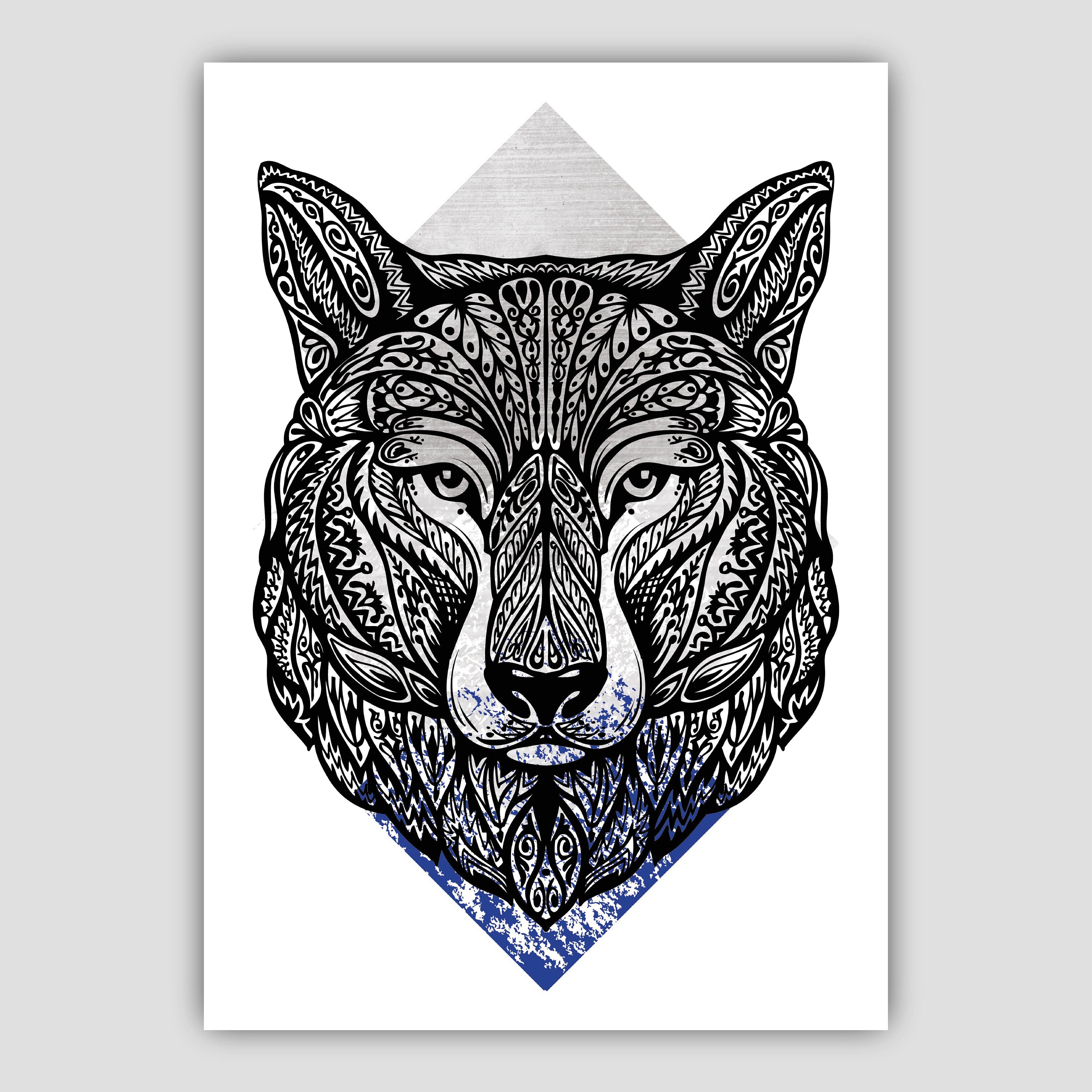 Tribal Geometric Wolf Head Art Print Navy Grey Aztec Gallery - Etsy