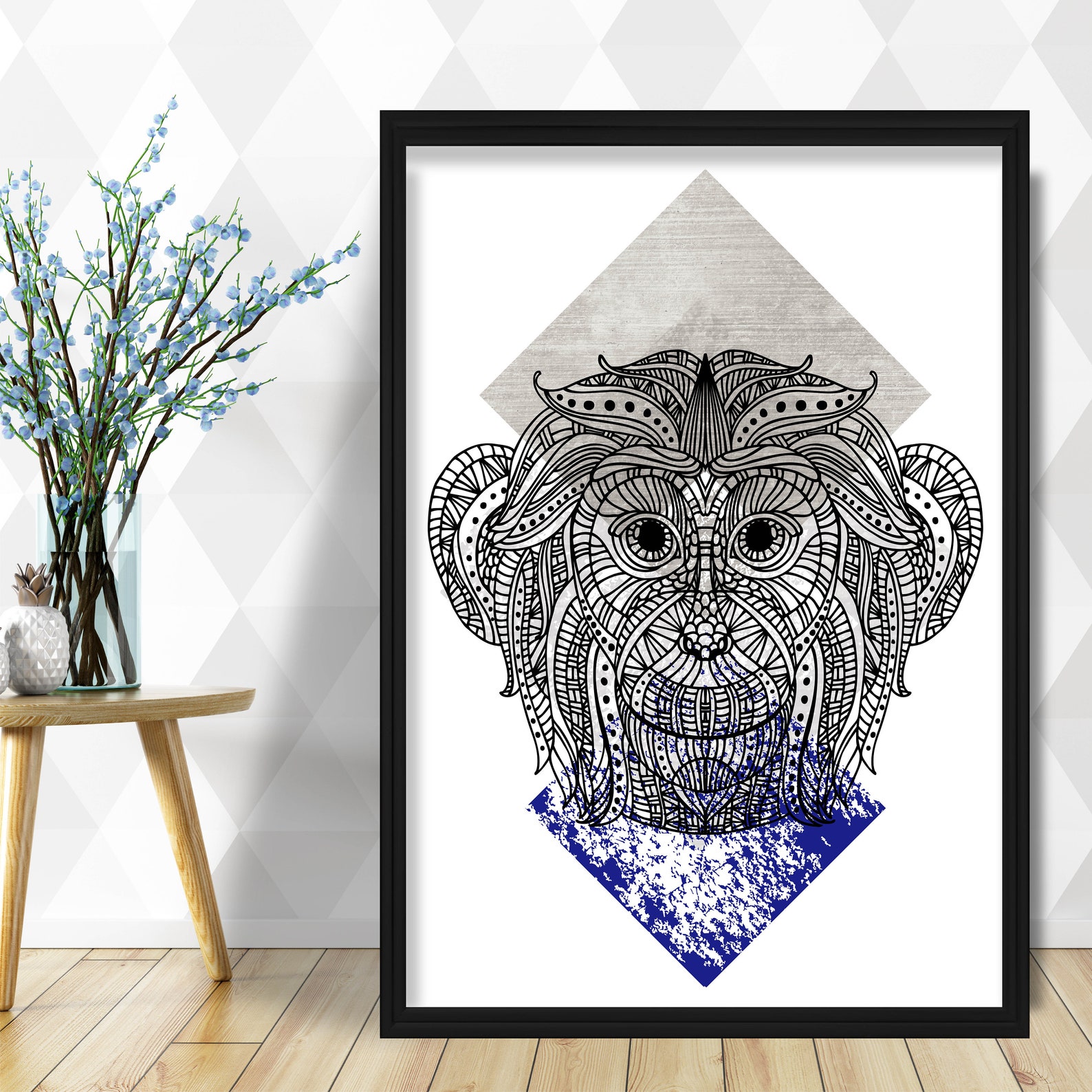 Tribal Geometric MONKEY Head Full Art Print Yellow Grey Aztec - Etsy
