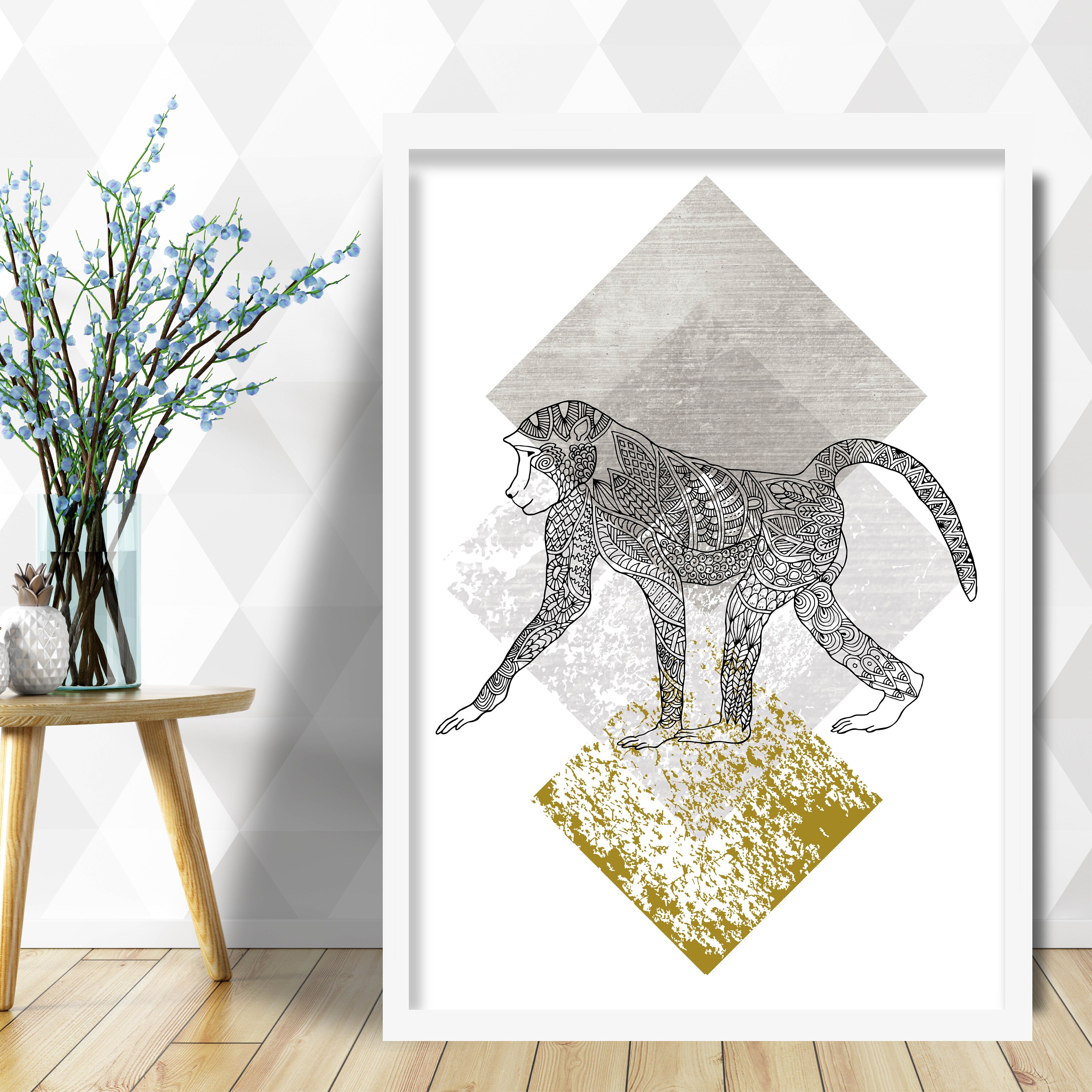 Tribal Geometric MONKEY Full Art Print Yellow Grey Aztec - Etsy