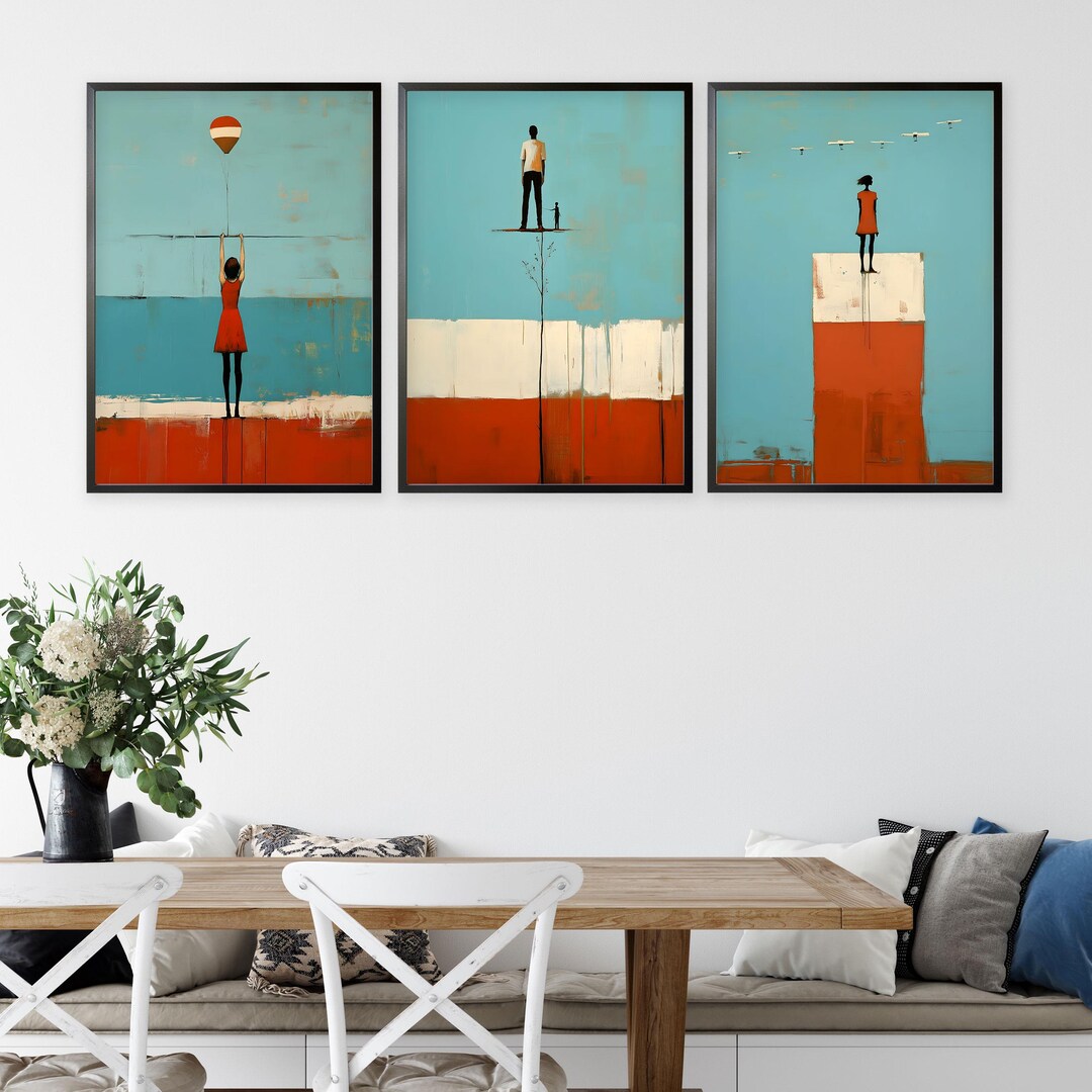 Modern Abstract Figures Wall Art, 3-print Set With Blue White Red ...