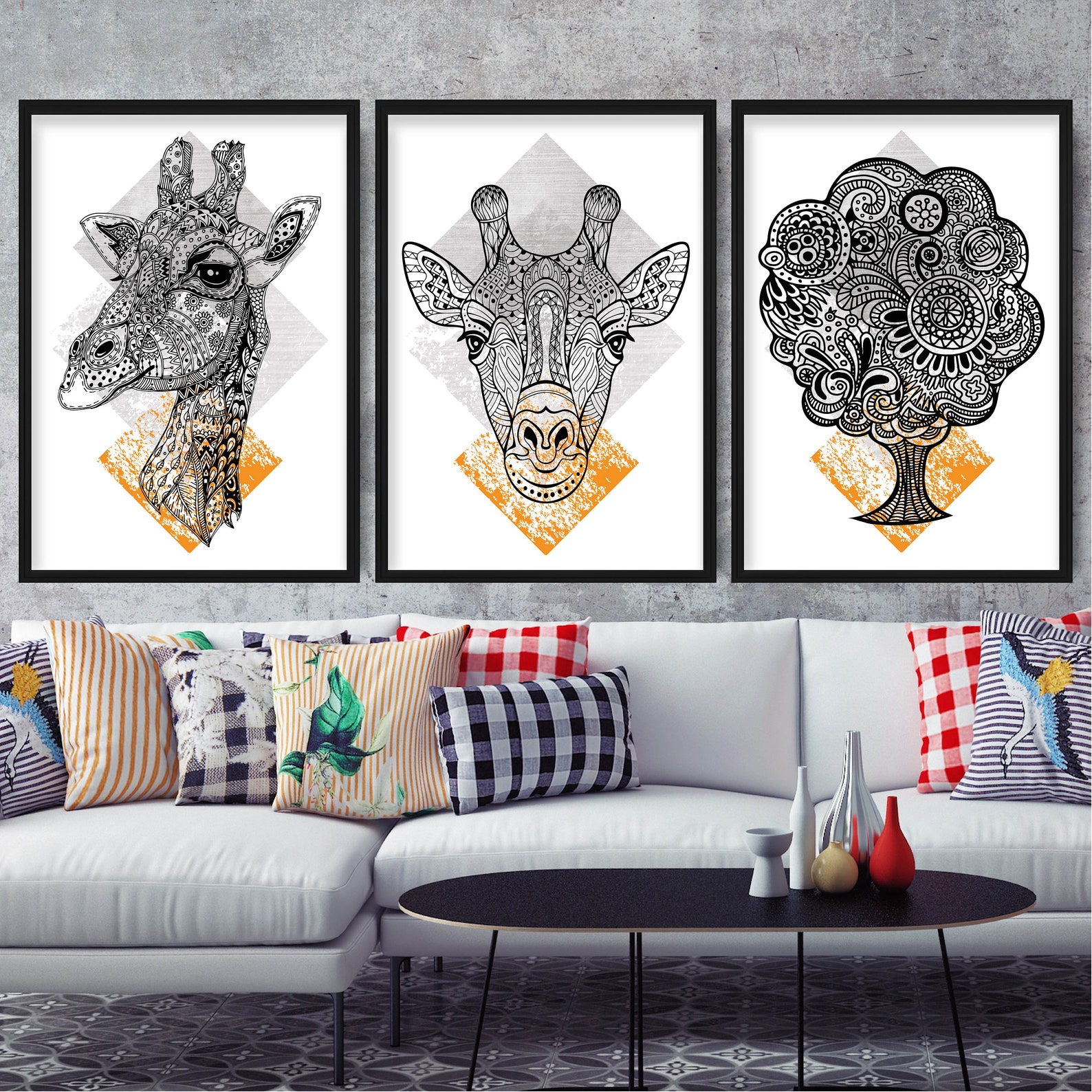 Set of 3 Prints Tribal Geometric Giraffe Side Head Tree Art - Etsy