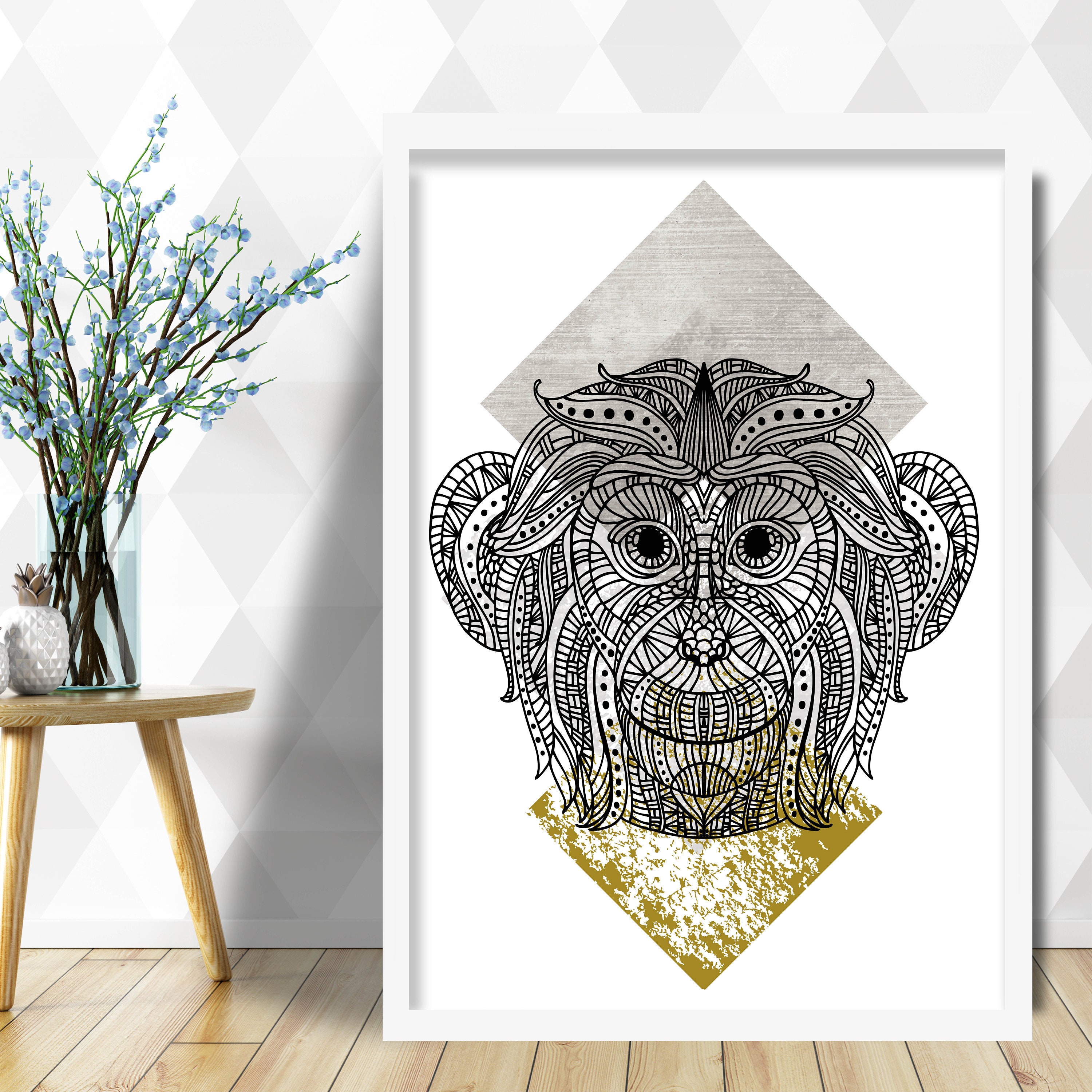Tribal Geometric MONKEY Head Full Art Print Yellow Grey Aztec - Etsy
