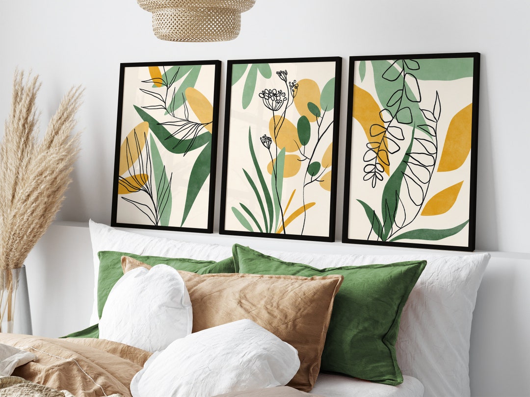 Boho Botanical Leaves and Flowers Green and Yellow Soothing Tones Set ...
