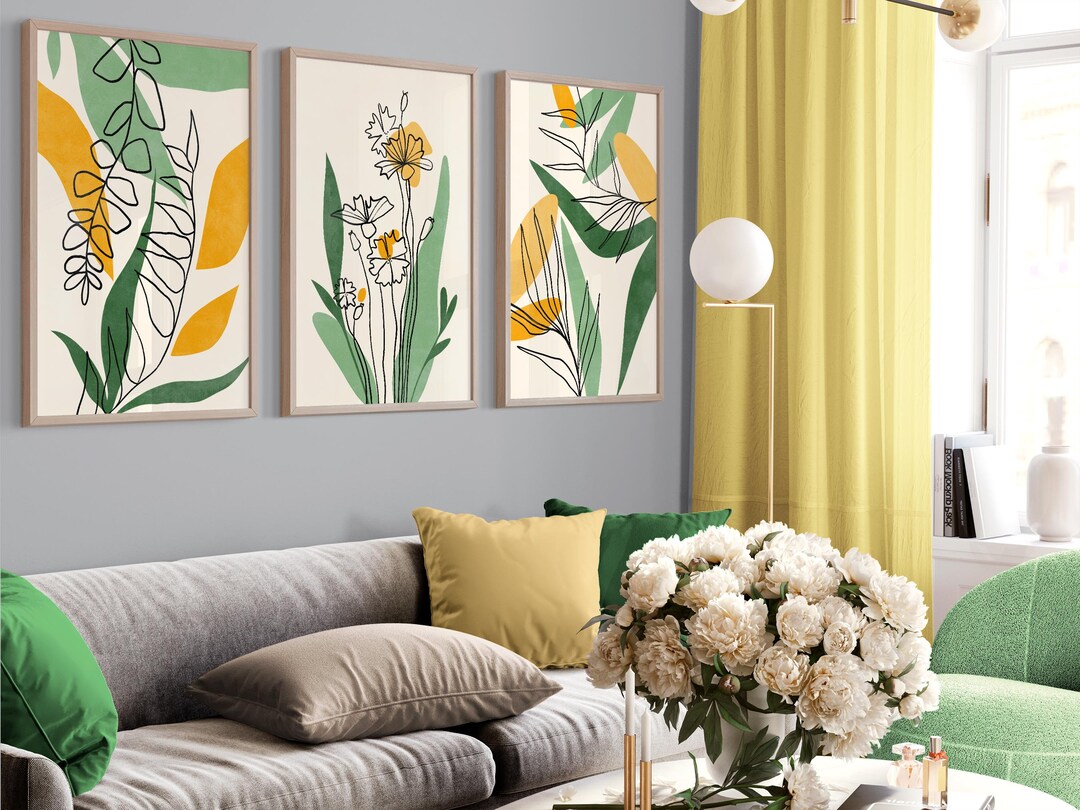 Botanical Set of 3 Pictures, Boho Leaves and Flowers in Green and ...