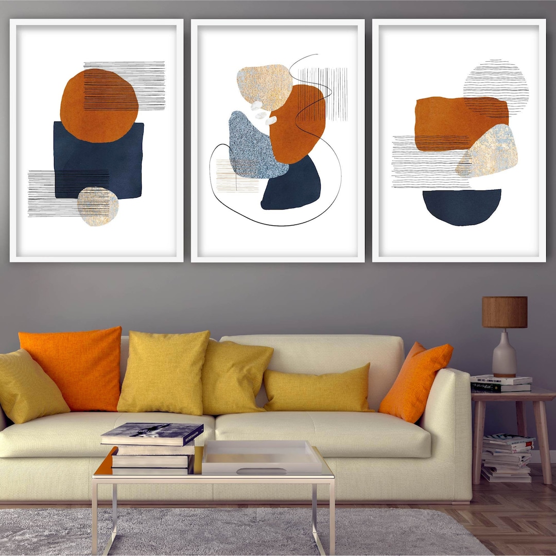 Abstract Set of 3 Prints - Terracotta and Watercolour Navy Blue Shapes ...