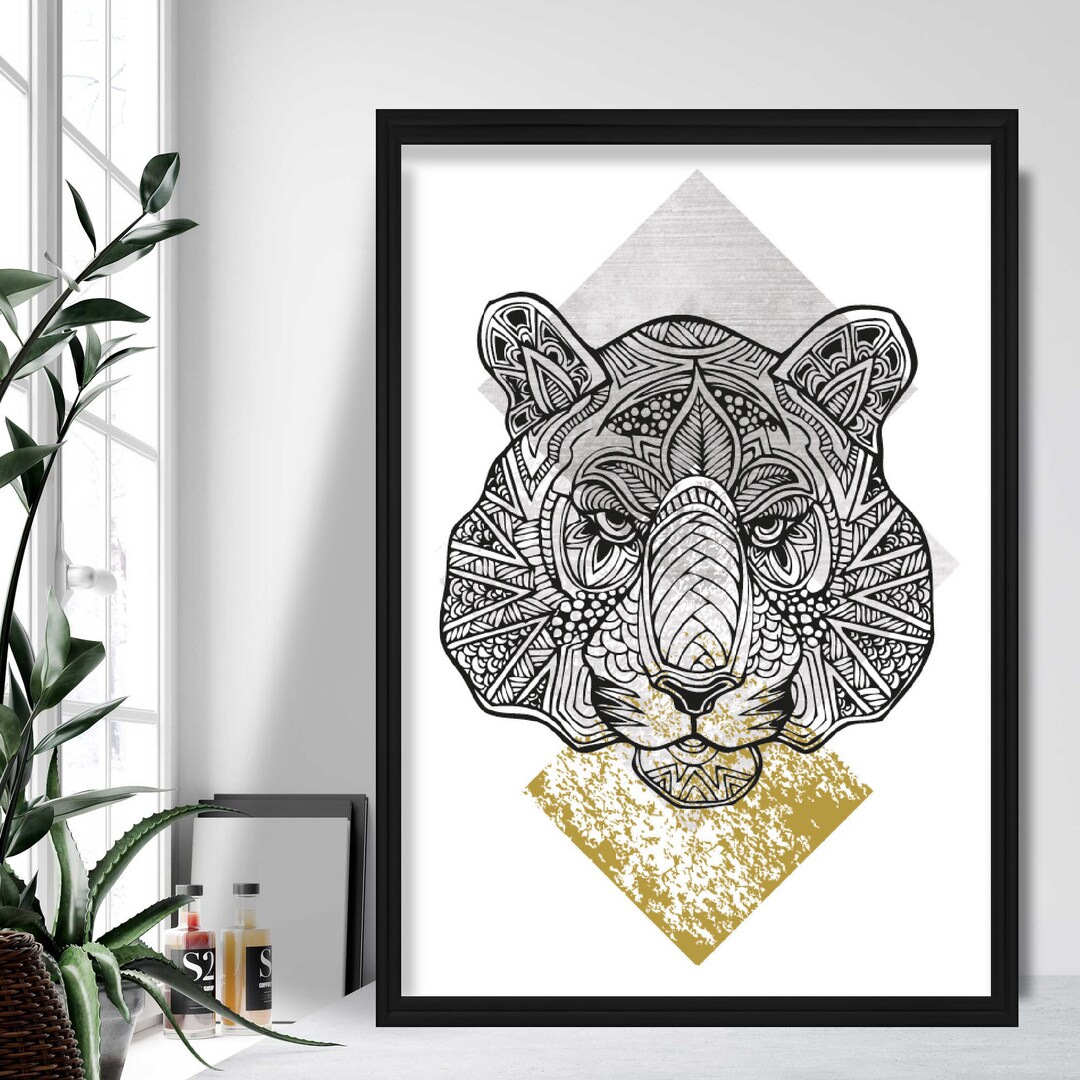 Tribal Geometric Tiger Head Art Print Yellow Grey Aztec Gallery Wall ...