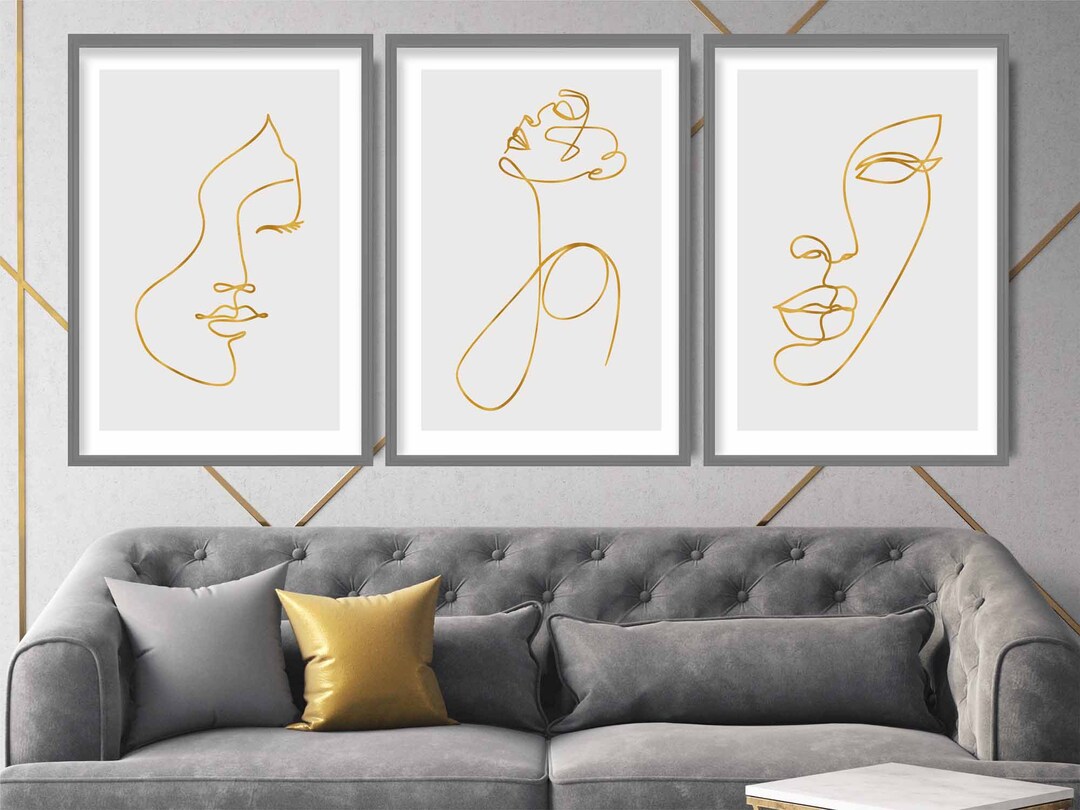 Elegant Gold Effect Line Art - Set of 3 Female Faces Art Prints ...