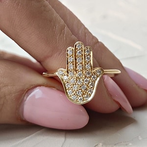 Large Hamsa Ring Made of 14k Gold With White VS1 Diamonds, Jewish Ring ...