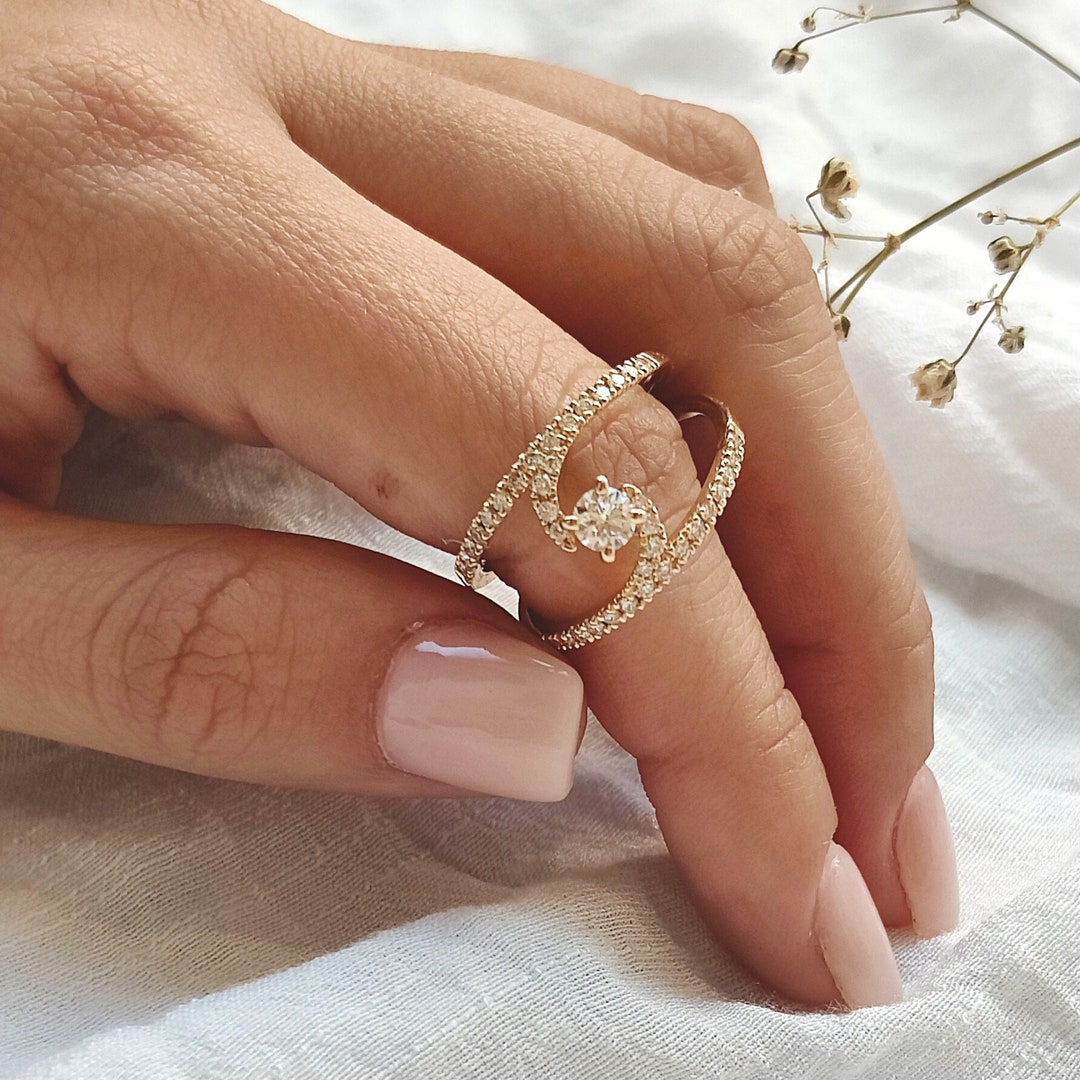 14K Yellow Gold Double Diamond Eternity Ring With Round-cut Center ...