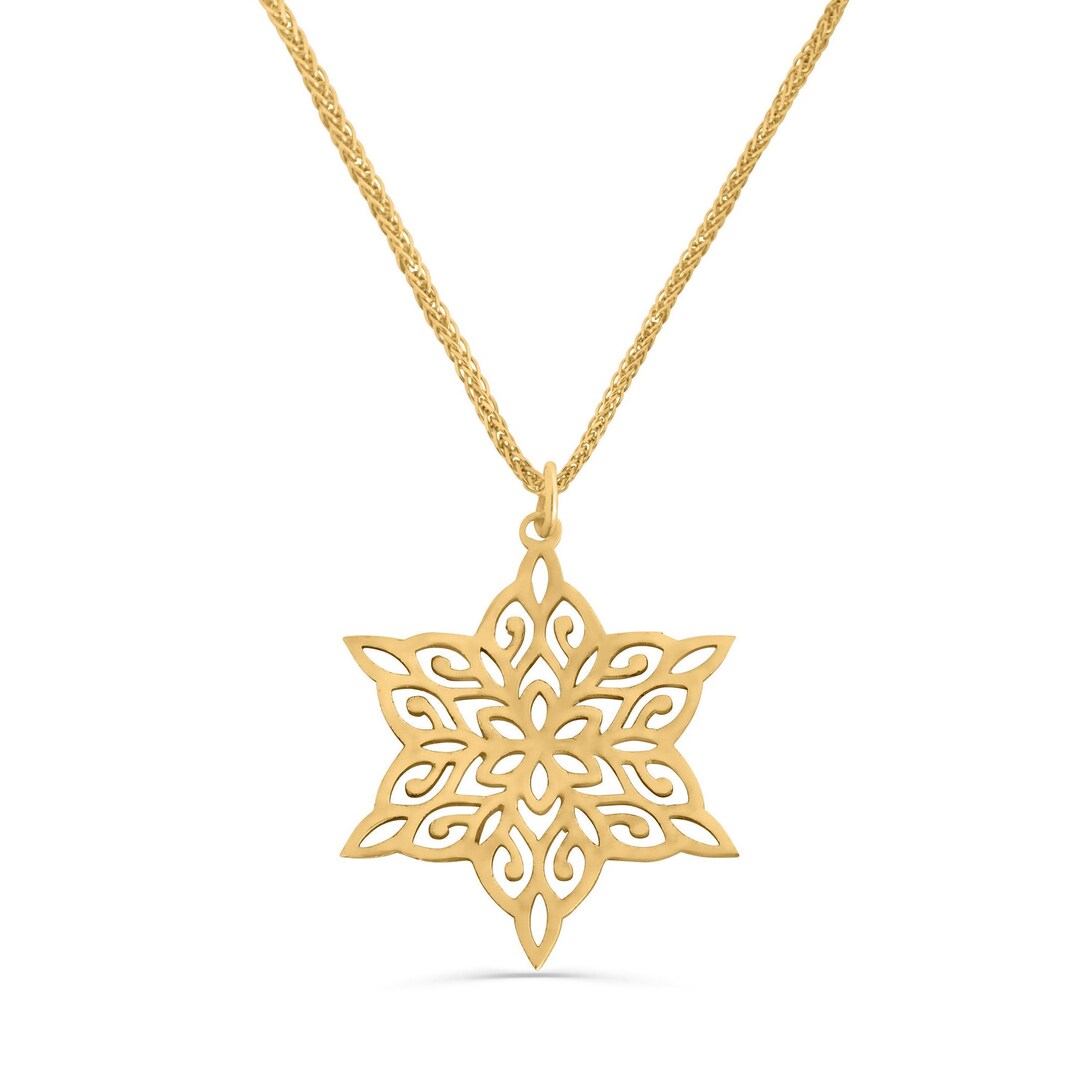 14K Yellow Gold Filigree Star of David Necklace, Delicate Snowflake ...