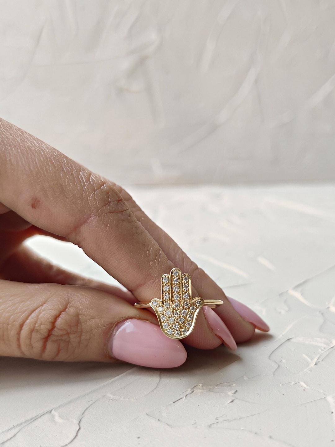 Large Hamsa Ring Made of 14k Gold With White VS1 Diamonds, Jewish Ring ...