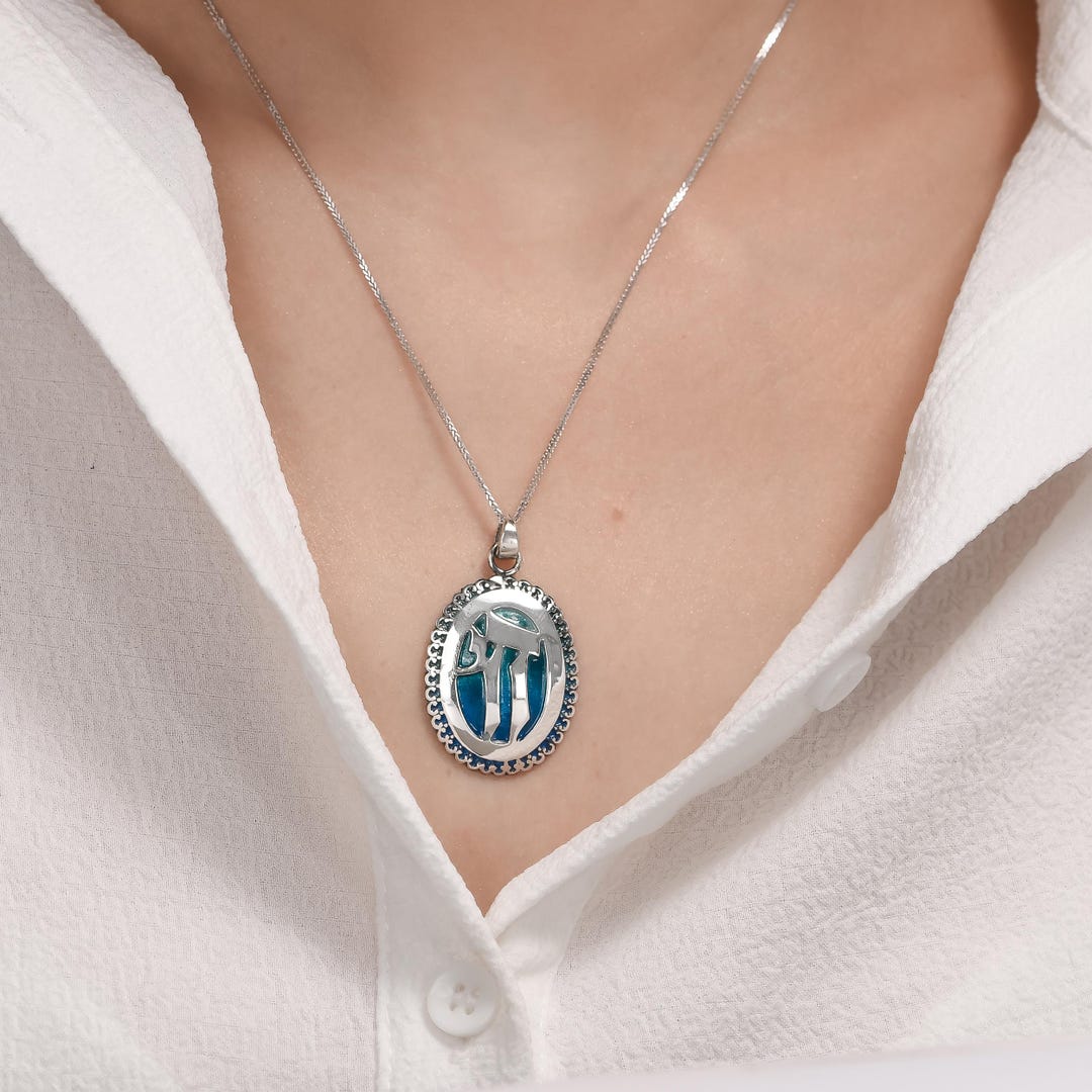 Extra Large Oval Shape Heavy 14K Gold Classic Chai Pendant With Blue ...