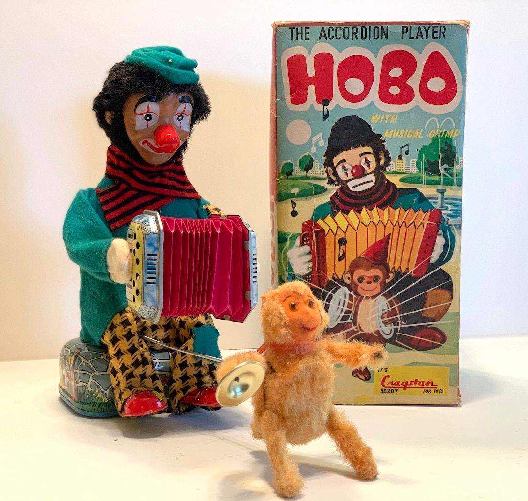 The Accordion Player Hobo With Musical Chip With Box 1950's, Vintage ...