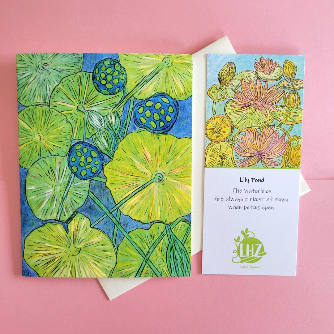 Waterlilies Note Card: Hand-illustrated With Haiku Bookmark - Etsy
