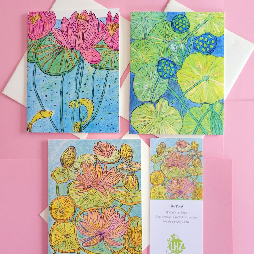 Lily Pond Note Card Set, Six Blank Waterlily Greeting Cards With ...