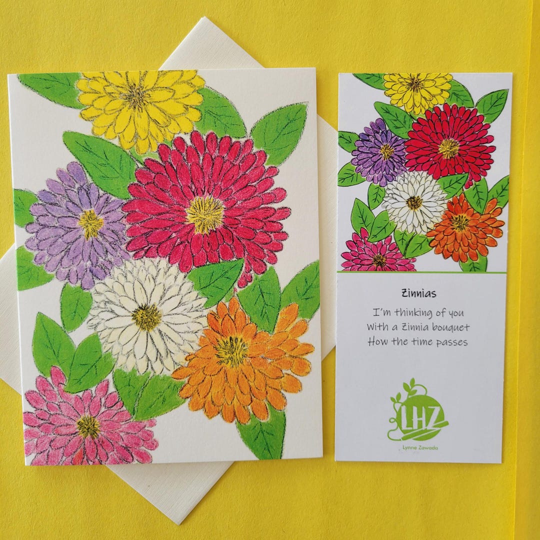 Zinnias Note Card: A Blank Floral Greeting Card With a Bookmark - Etsy