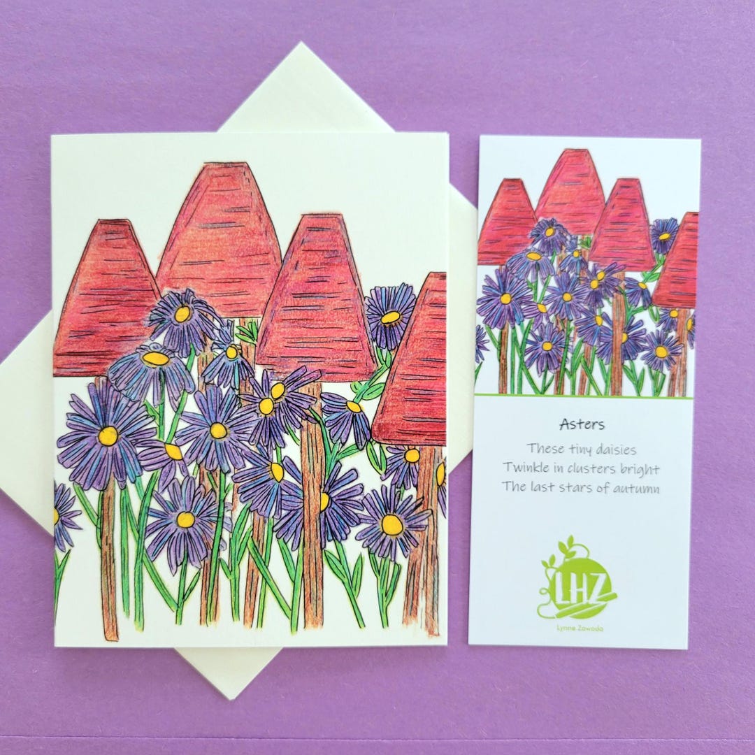 Fall Asters Card, A Folded Note Card With a Haiku Greeting, Lined Linen Envelope, Hand ...