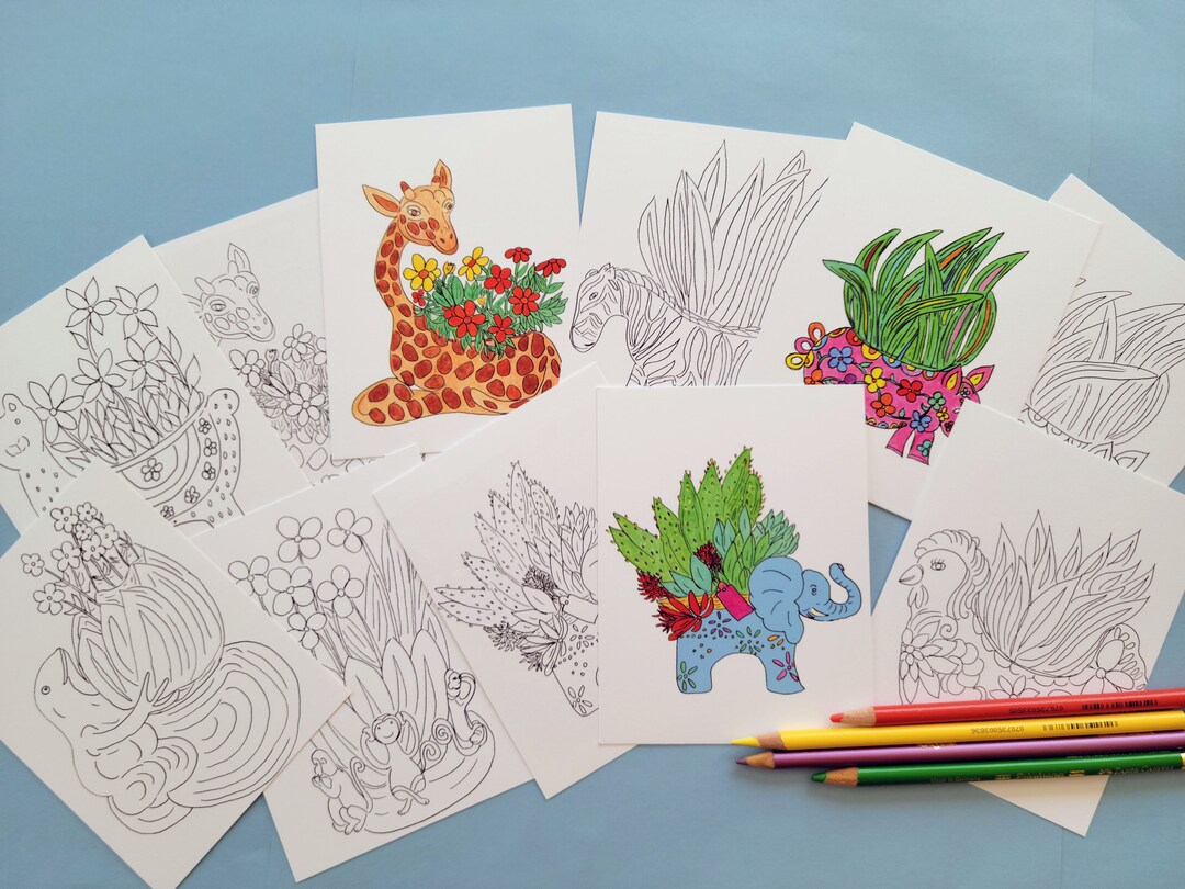 Animal Planters Coloring Postcard Set: Penpal Activity for Kids - Etsy
