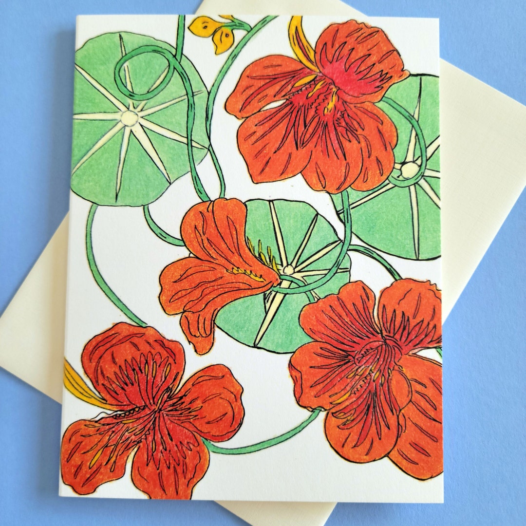 Nasturtiums Note Card: Hand-illustrated Floral Card With Haiku Bookmark ...