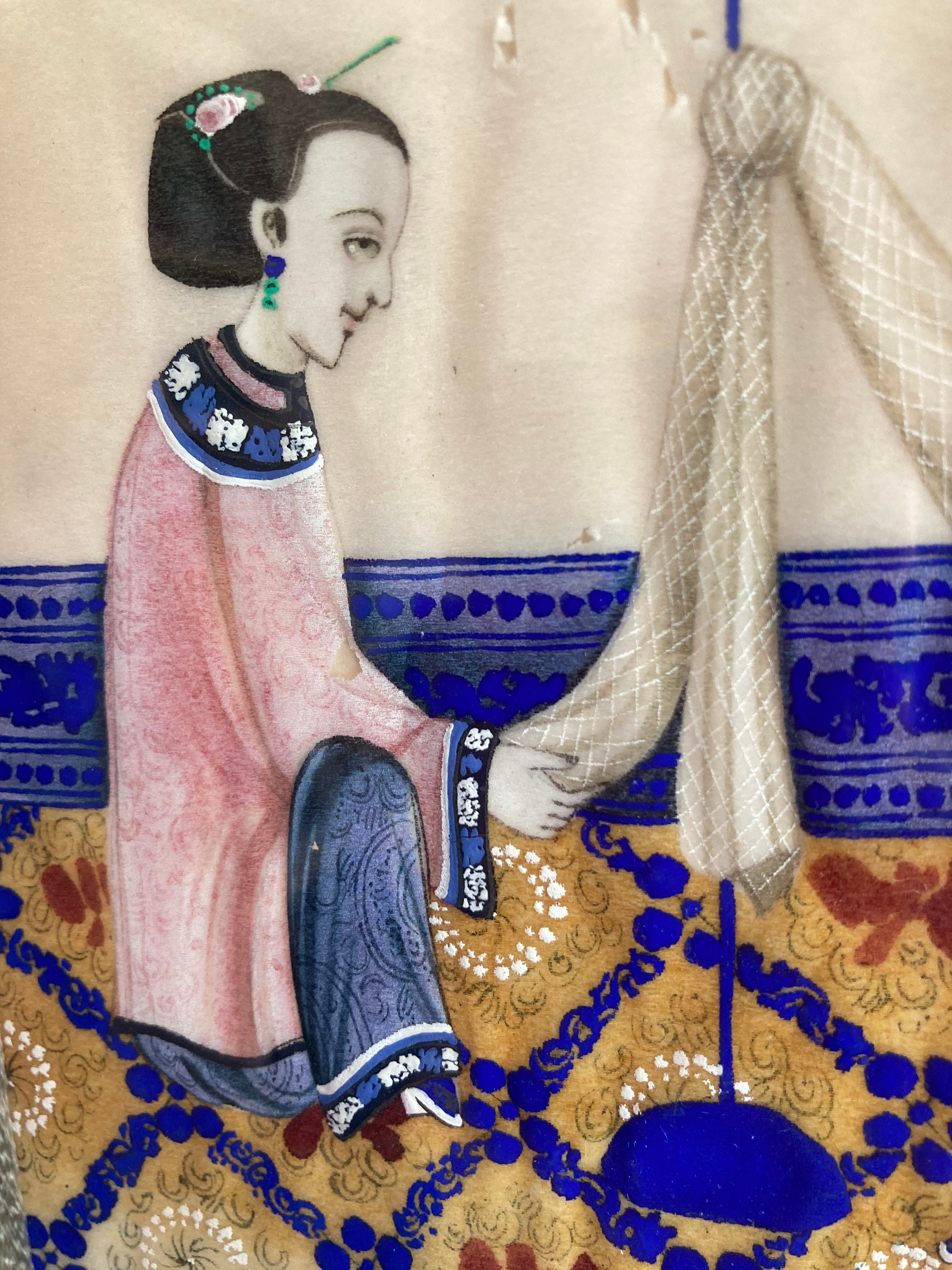 Antique Chinese Pith Rice Paper Painting, 19th Century, Women Weaving ...