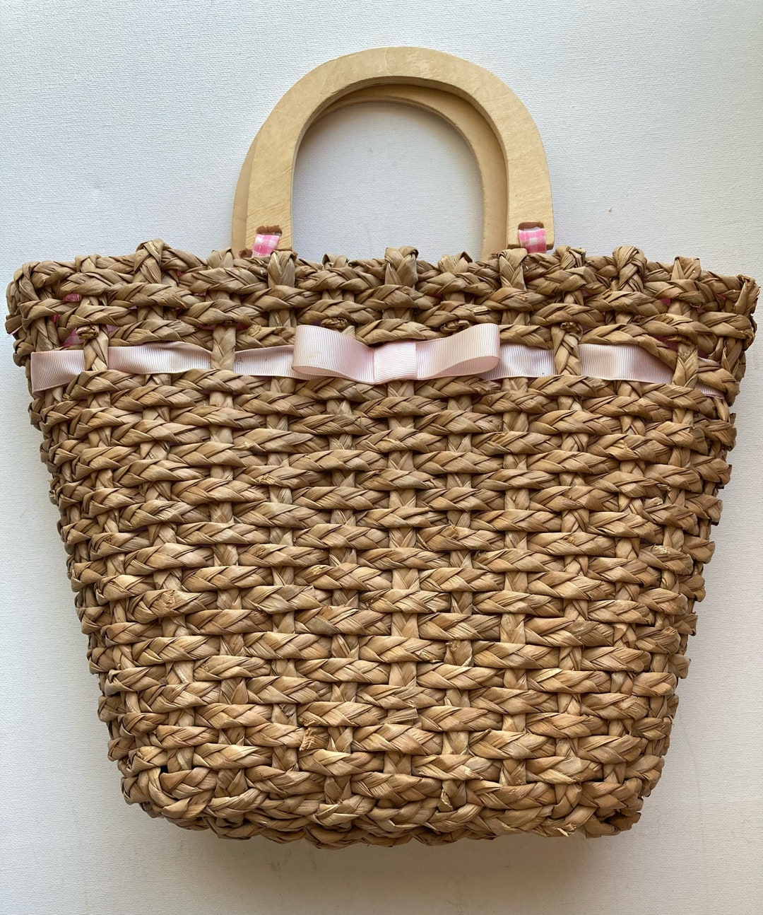 Vintage Straw Purse With Wooden Handles and Gingham Lining Blue or Pink ...