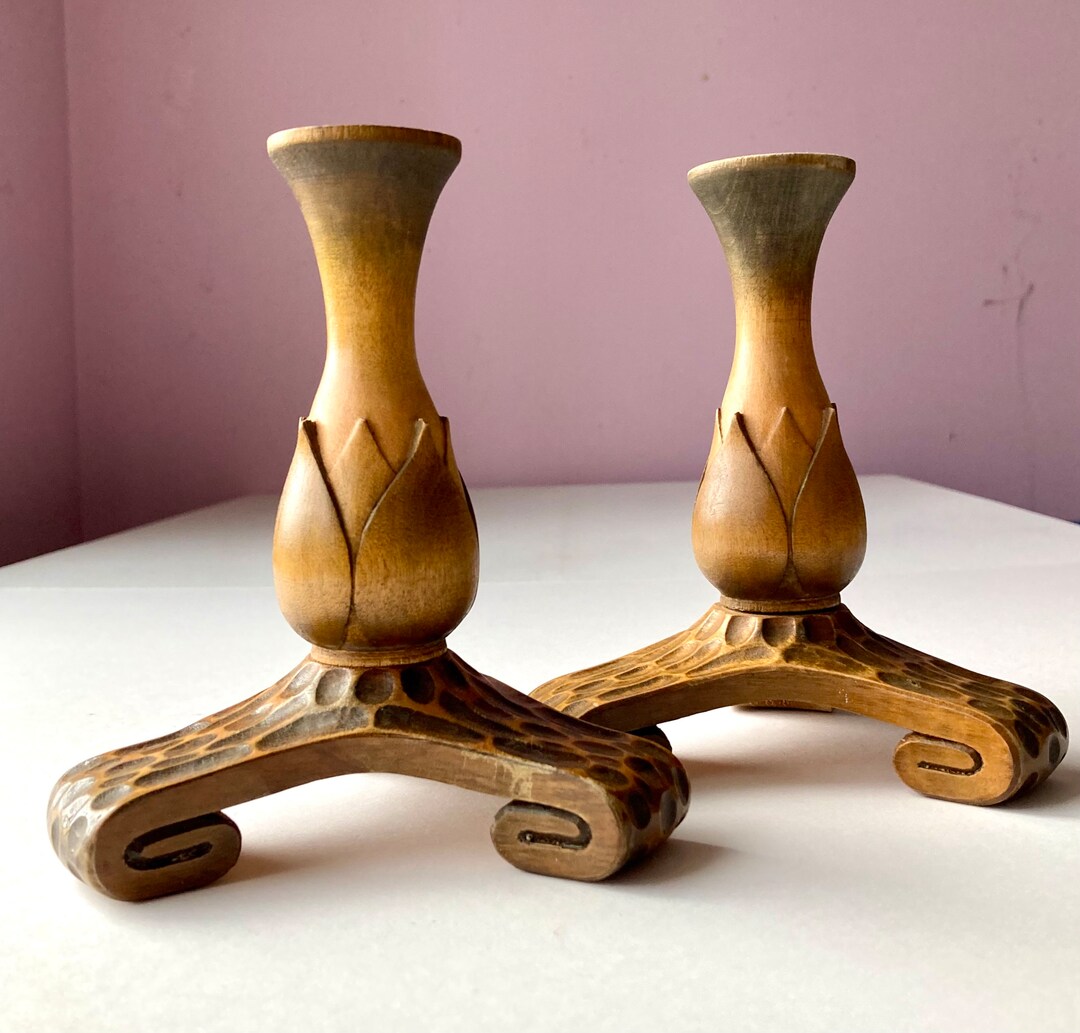 MCM Wooden Candle Holder Carved Tulip Shape, a Pair - Etsy