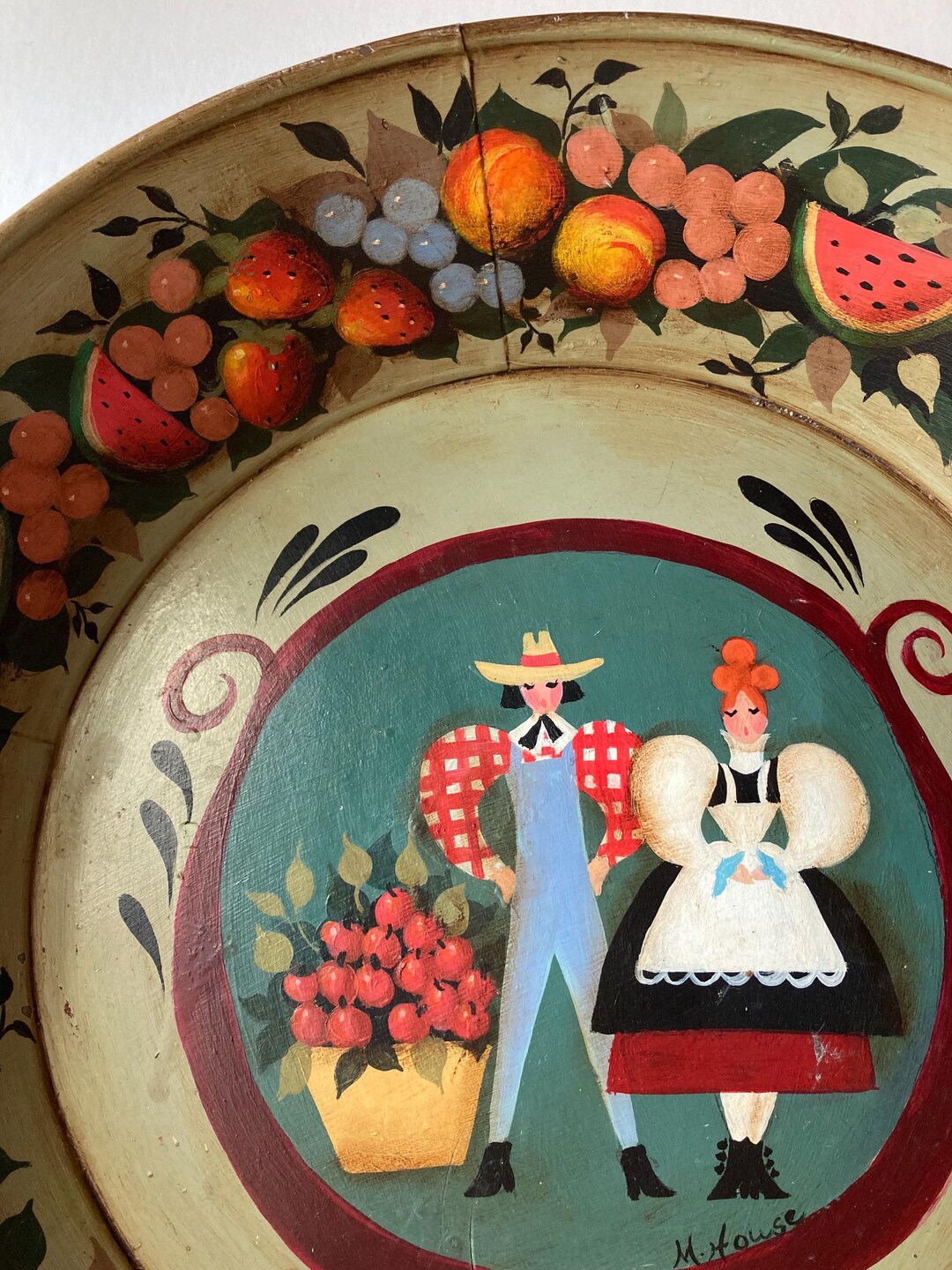Vintage Tole Painted Metal Bowl Pennsylvania Dutch Folk Art Large Fruit ...