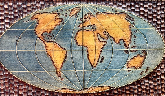 Polish Hand carved Wooden Box World Map Box - Gem