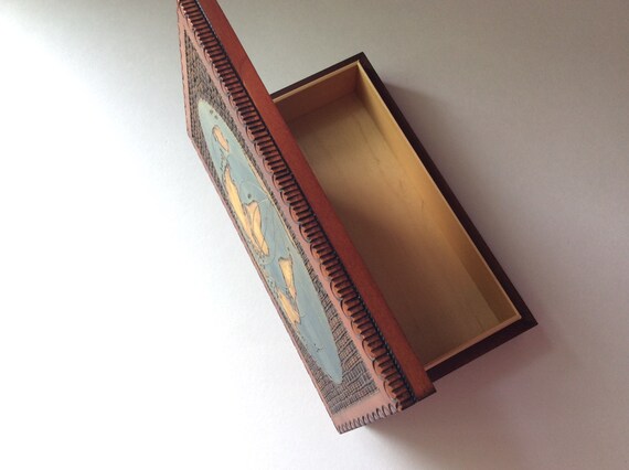 Polish Hand carved Wooden Box World Map Box - Gem