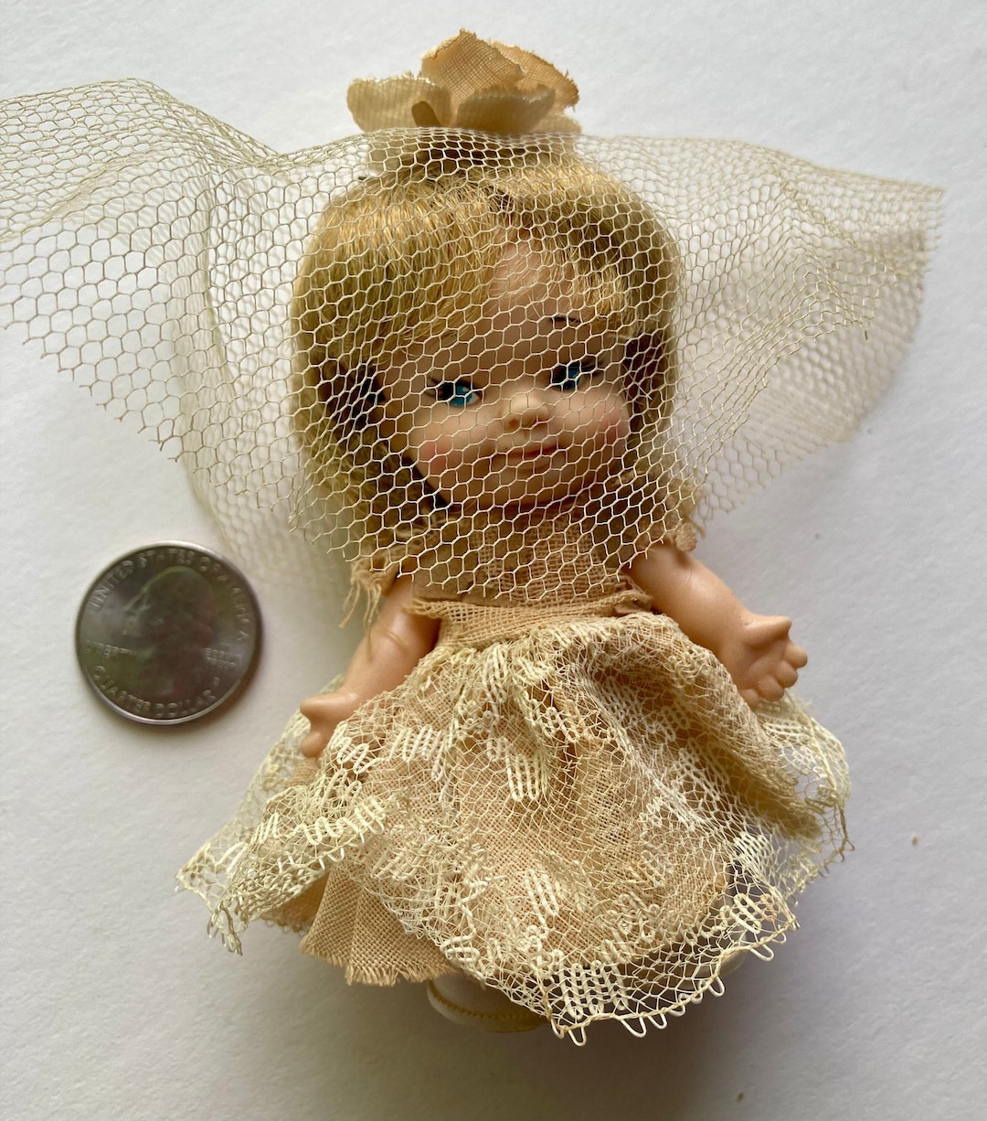 Vintage 1965 Uneeda Pee Wees Doll Hong Kong Doll Blond Hair Yellow Dress Lace Veil Blue Eyes