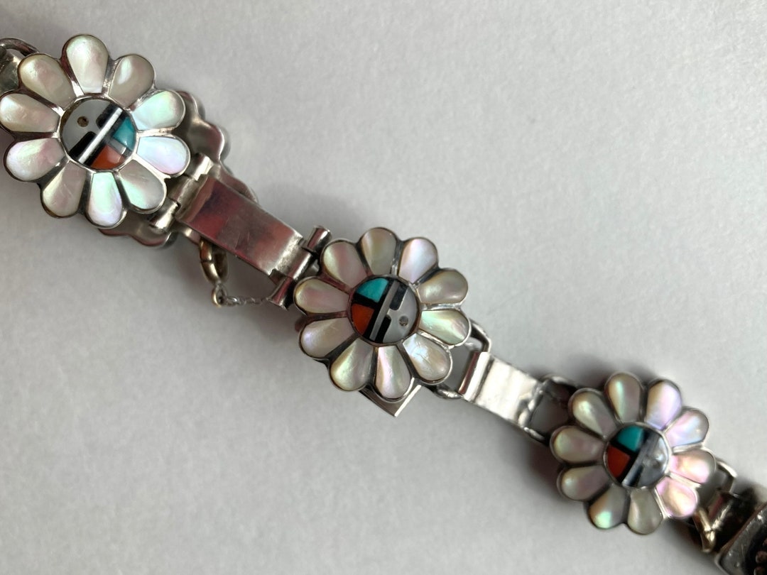 Vintage Zuni Sunface Squash Blossom Link Bracelet Hallmark Sunface - Etsy