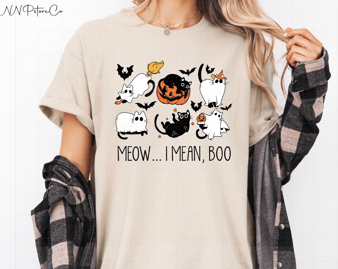 Meow I Mean Boo Tshirt, Black Cat Halloween Sweatshirt, Ghost Cat ...