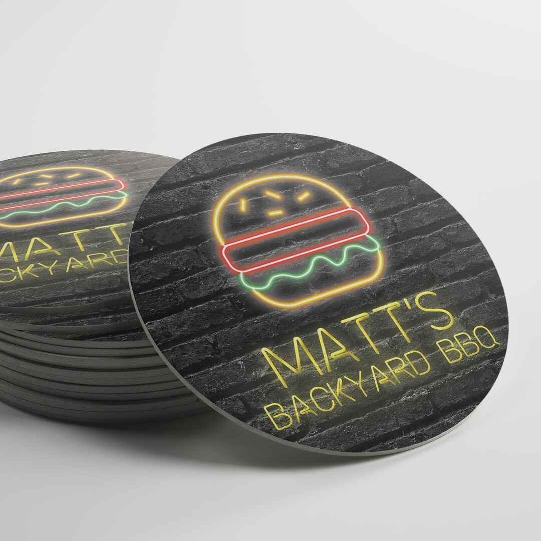 Personalized Neon Backyard BBQ Bar Sign Coasters - Etsy