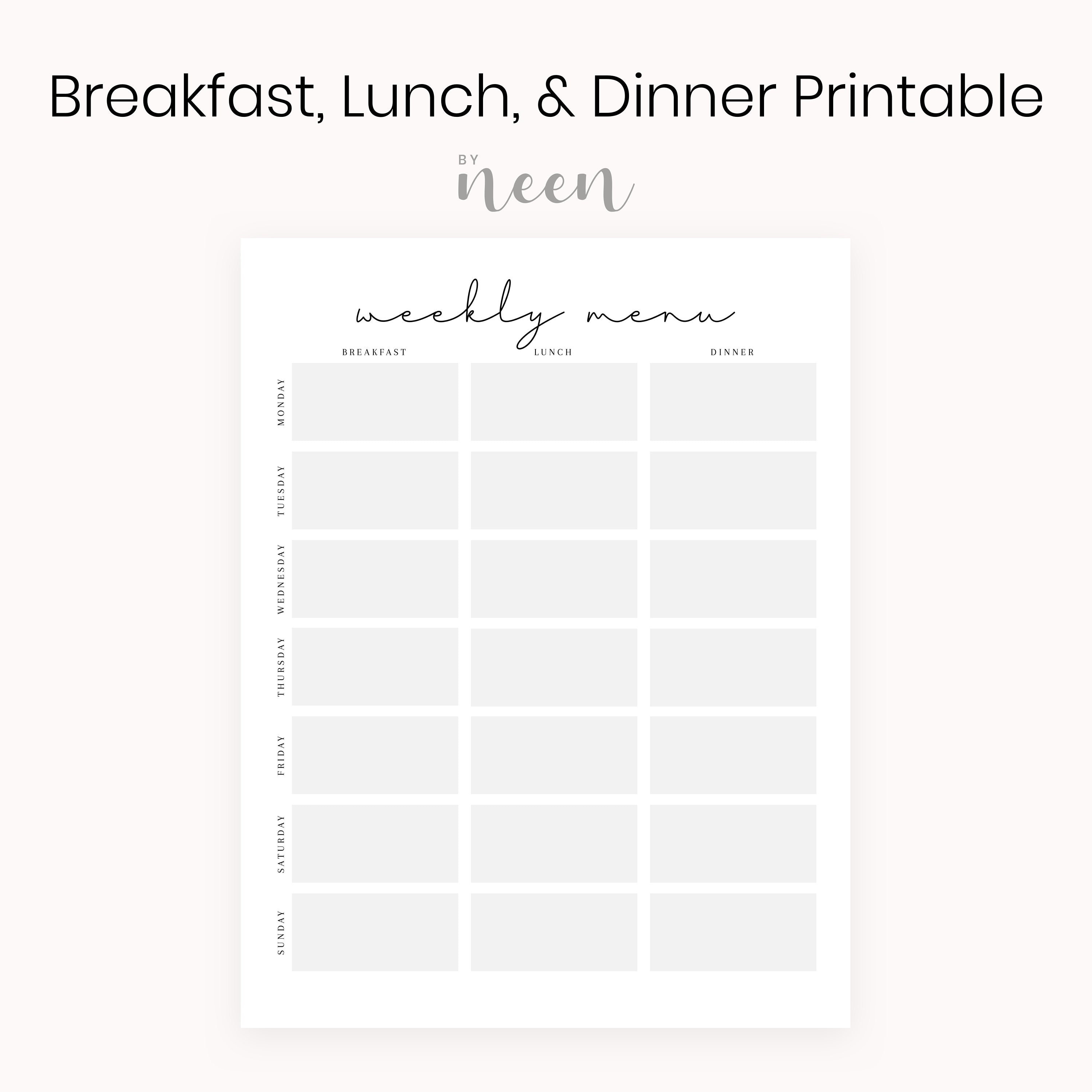 Breakfast, Lunch, and Dinner Menu Worksheet Printable – Minimalist Menu ...