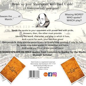 Shakespeare Quote Game: Bard Cards for Students & Scholars of English ...