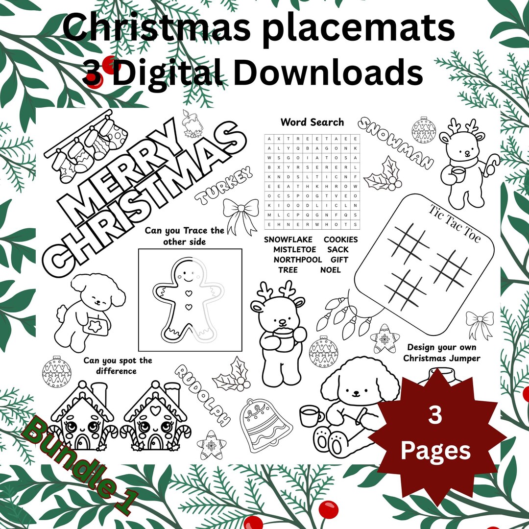 Christmas Activity Placemat Printable: Kids Coloring, Maze, Word Search ...