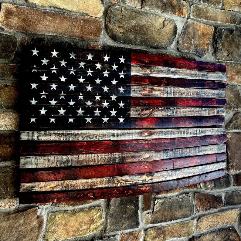 Reclaimed Whiskey Barrel American Flag in Traditional Red White Blue ...