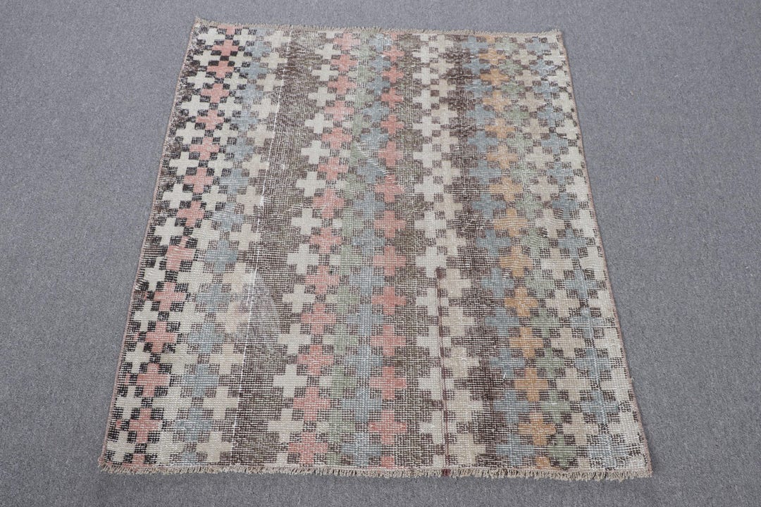 Vintage Rug, 3x4 Small Rugs, Turkish Rug, Checkered Oushak Rug, Rugs ...